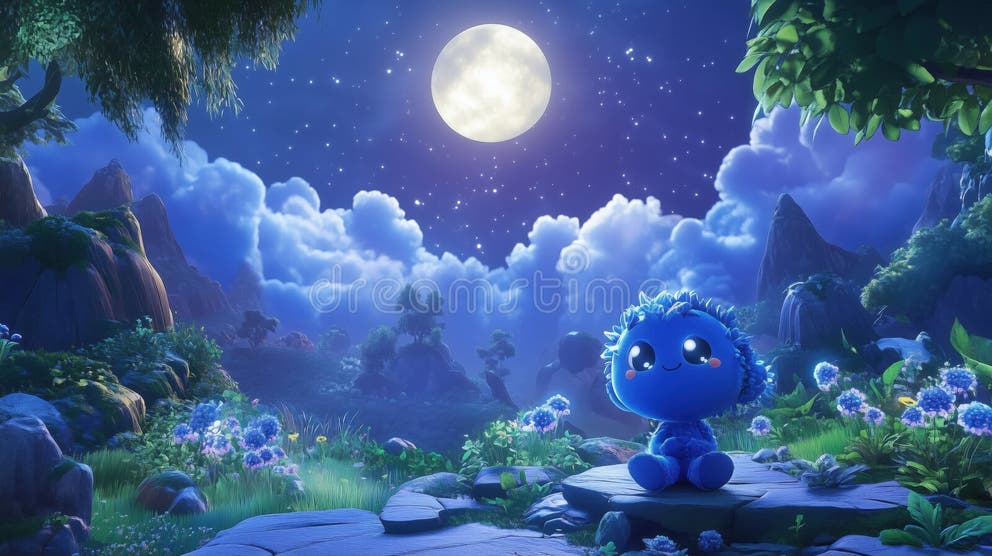 Cute Blue Creature Under Moonlight in Serene Landscape Stock Photo ...