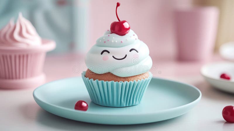 Cute Blue Cupcake with Cherry and Happy Face Stock Illustration ...