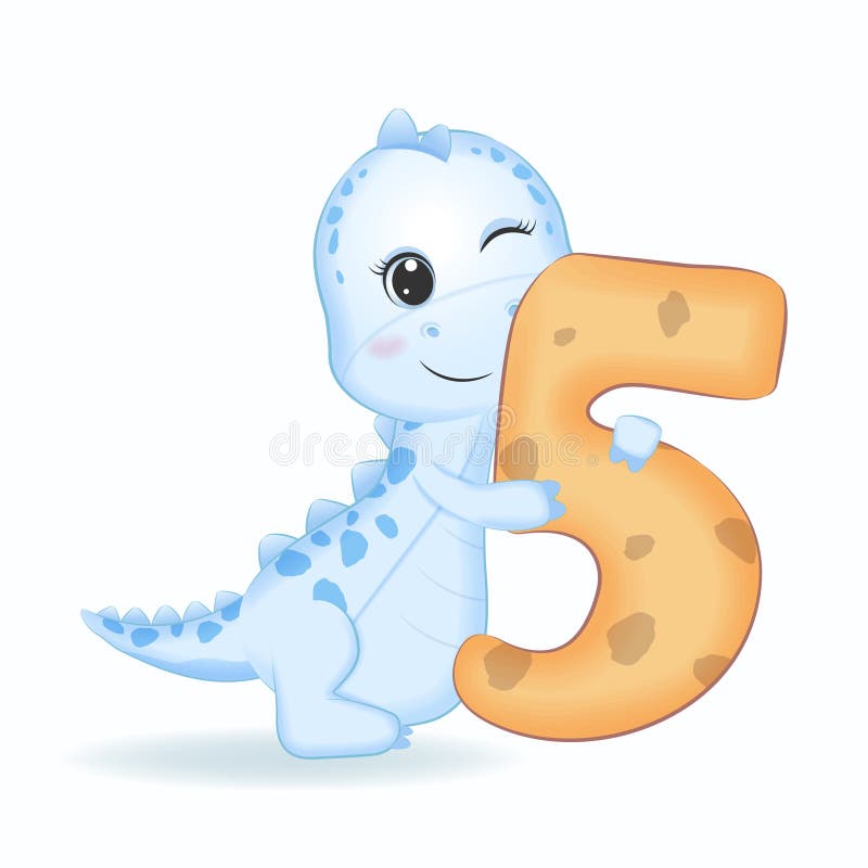 Cute Blue Dinosaur with Number 5 Stock Vector - Illustration of animal ...