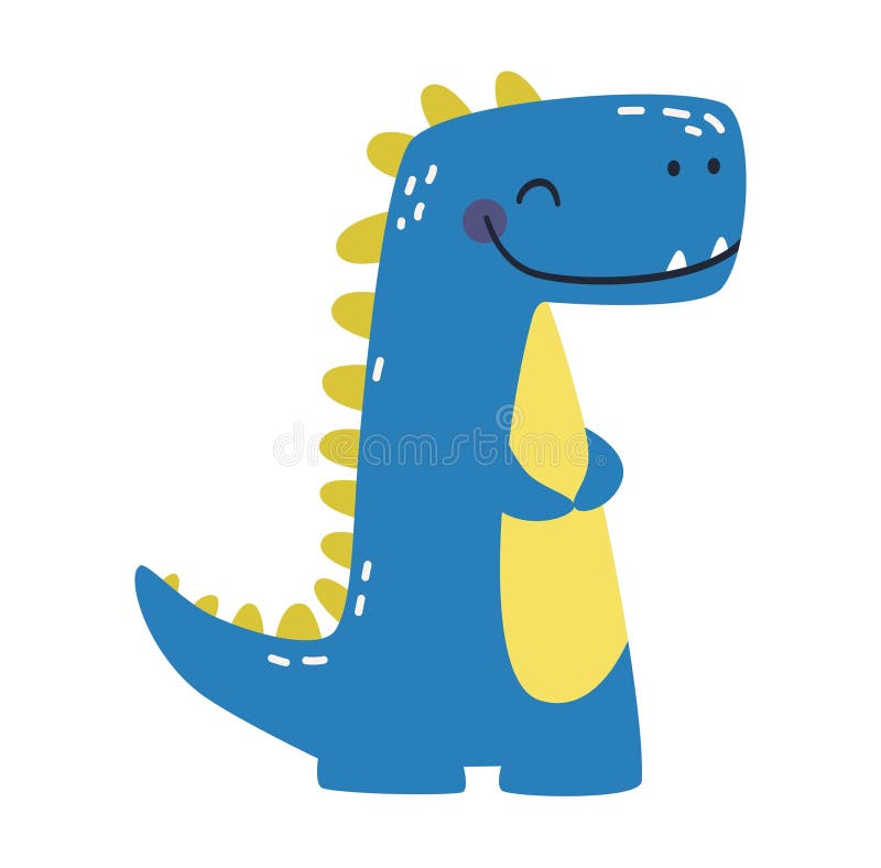 Cute Blue Dinosaur in Simple Child Style on White Background, Flat ...