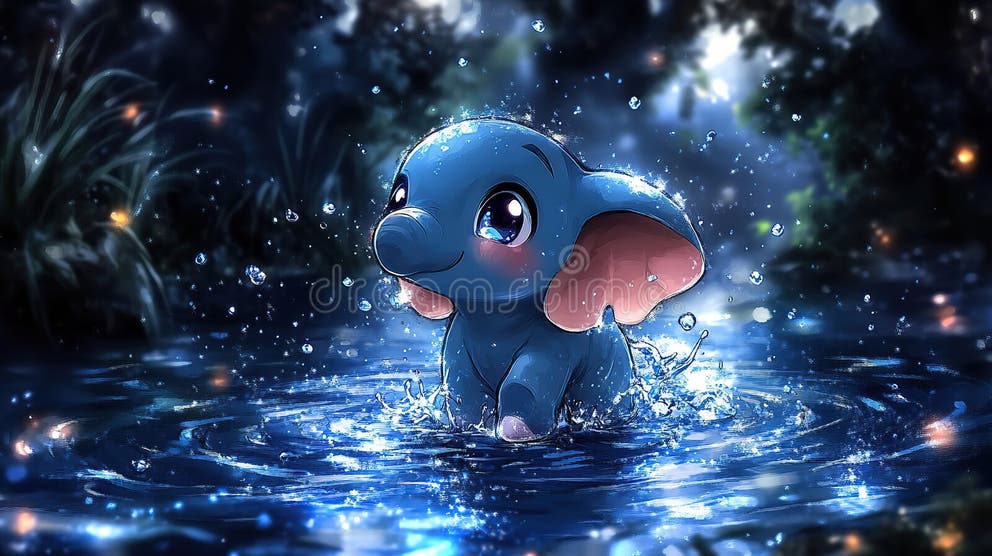 Cute Blue Elephant in a Sparkling Night Puddle Stock Illustration ...