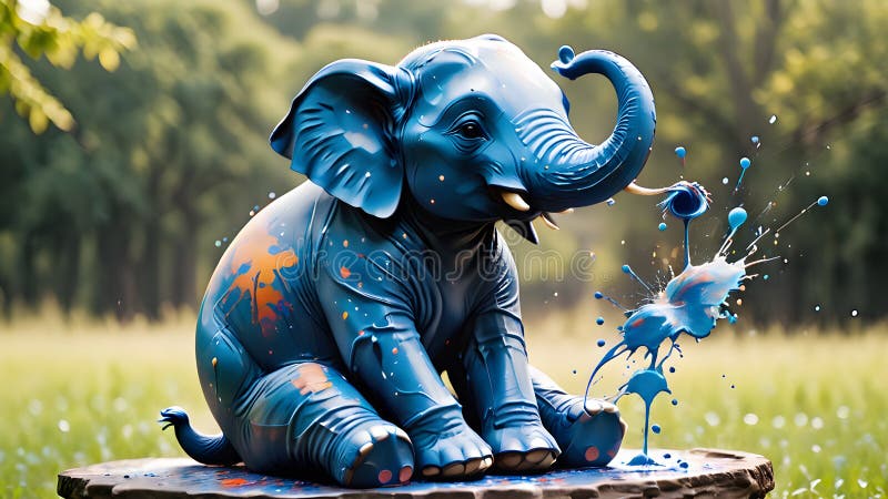Cute Blue Elephant Statue with Abstract Paint Splashes Stock ...
