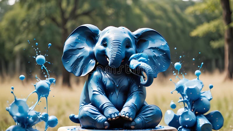 Cute Blue Elephant Statue with Abstract Paint Splashes Stock ...