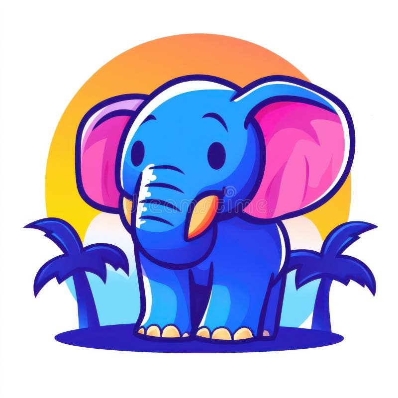Cute Blue Elephant Tropical Sunset Cartoon Illustration Stock ...