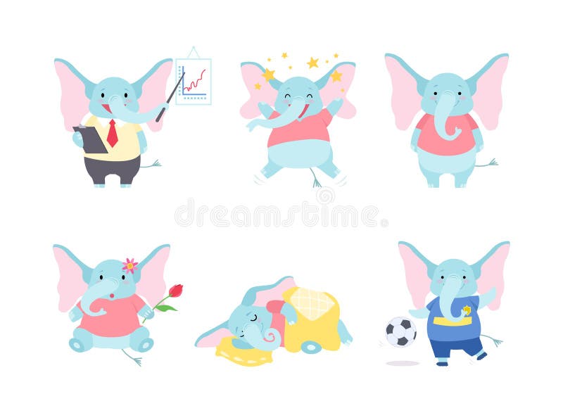 Cute Blue Elephant with Trunk Engaged in Different Activity Vector Set ...