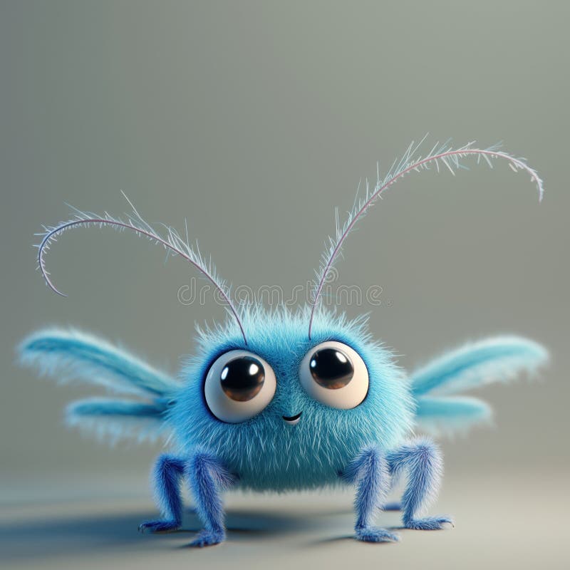 Cute Blue Fluffy Insect Character with Big Eyes and Playful Expression ...
