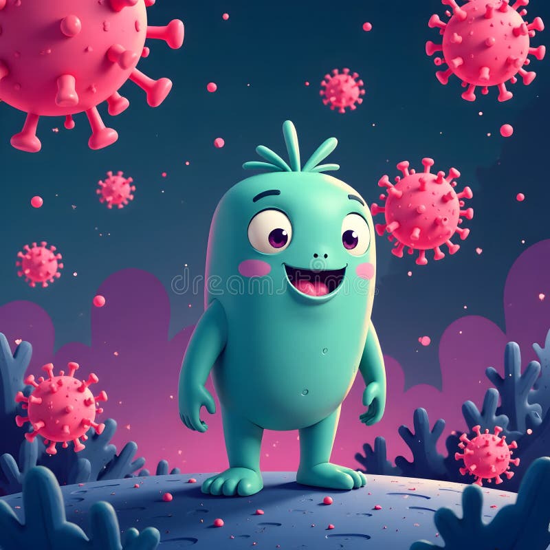 Cute Blue Germ Character with a Happy Expression on a Pink Background ...