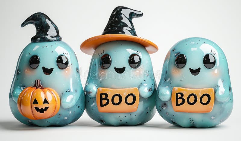 Cute Blue Ghosts with Hats and Boo Signs - 3D Illustration Stock ...