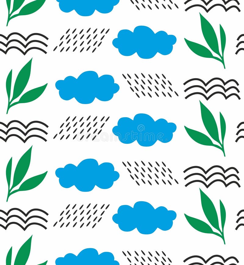 Cute Blue and Green Theme Cloud, Sky and Leaf S Cartoon Seamless Pattern. Stock Illustration ...