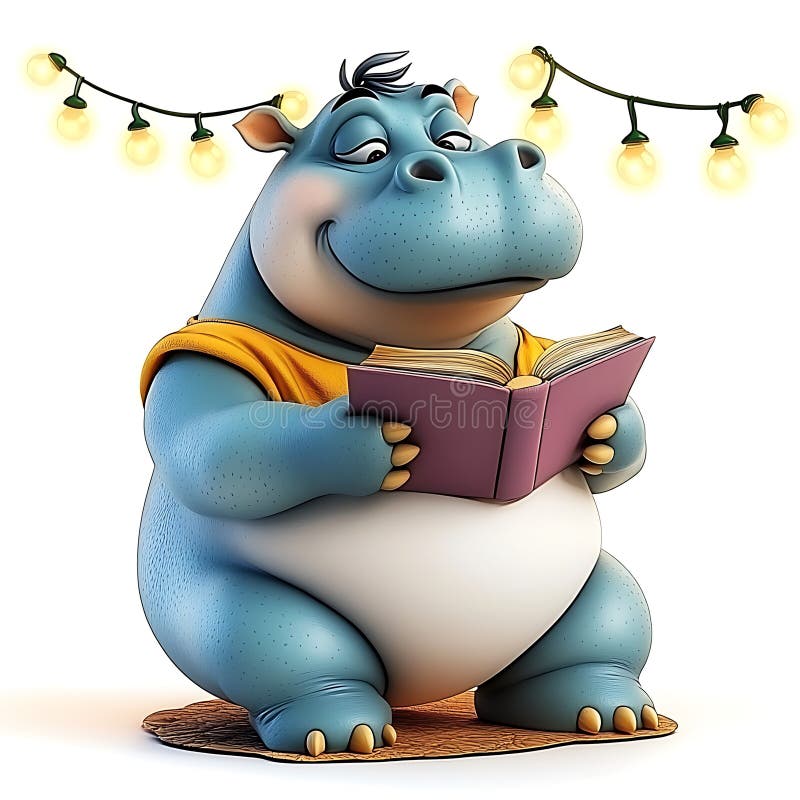 Cute Blue Hippopotamus Reading a Book Under String Lights Stock ...