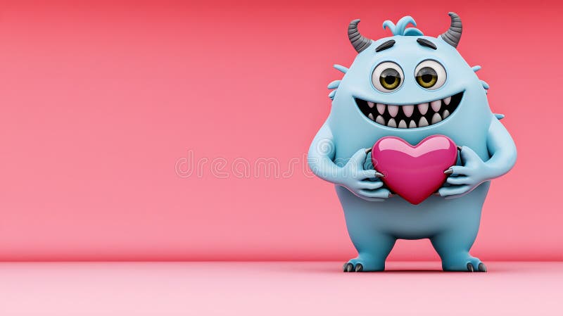 Cute Blue Monster Holding a Pink Heart Stock Illustration ...