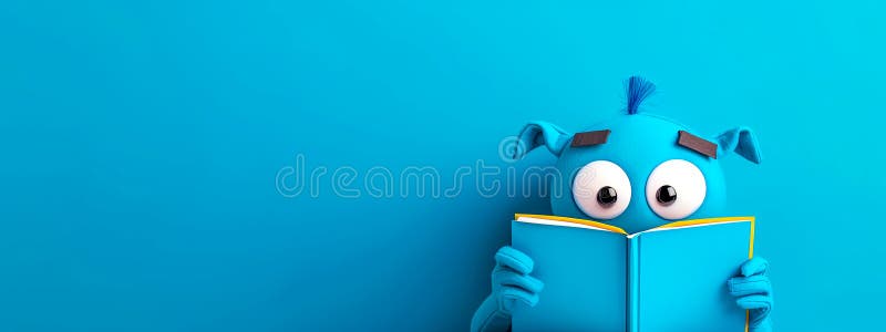 Cute Blue Monster Reading a Book on Bright Blue Background Stock ...