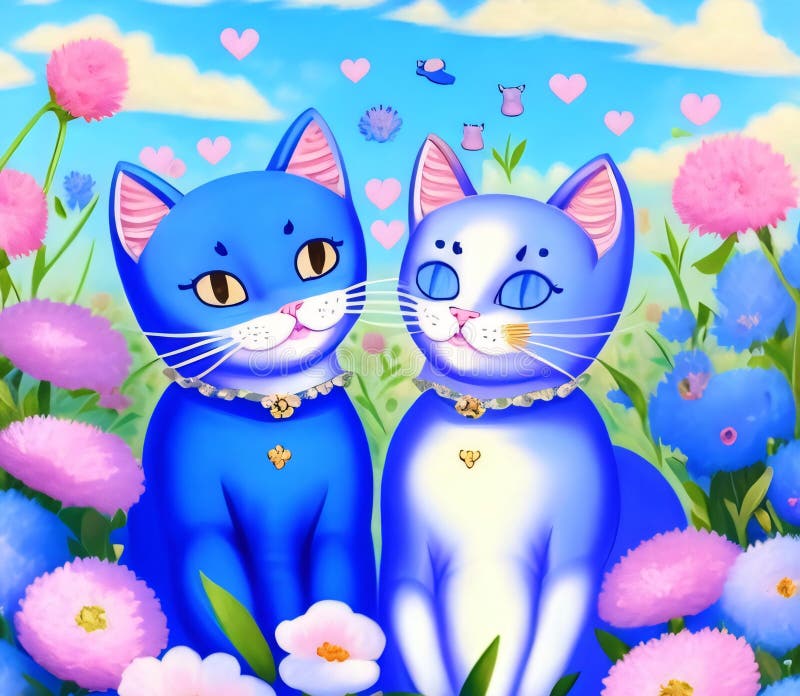 Cute Blue and Pink Cats with Flowers Stock Illustration - Illustration ...