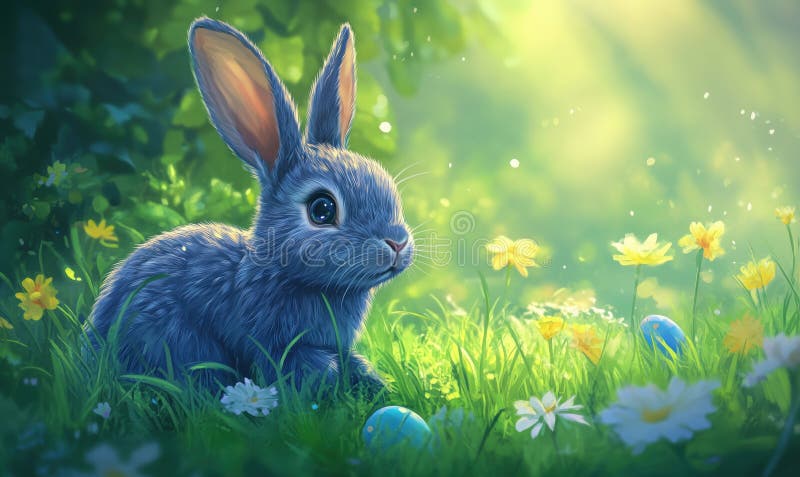 Cute Blue Rabbit Sitting in Vibrant Green Grass Surrounded by Flowers ...