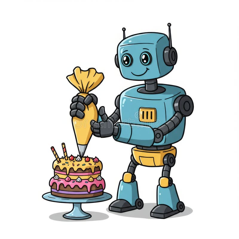 Cute Blue Robot Baking a Birthday Cake Stock Illustration ...