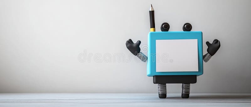 "CUTE BLUE ROBOT with NOTEPAD and PENCIL on WOODEN FLOOR" Stock ...