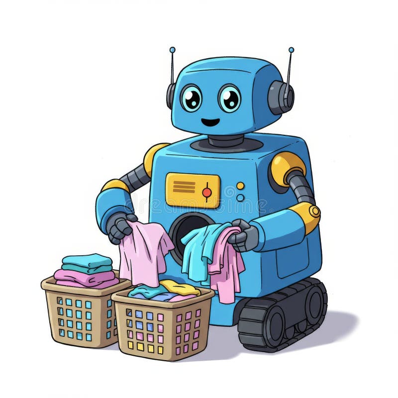 Cute Blue Robot Doing Laundry Stock Illustration - Illustration of ...