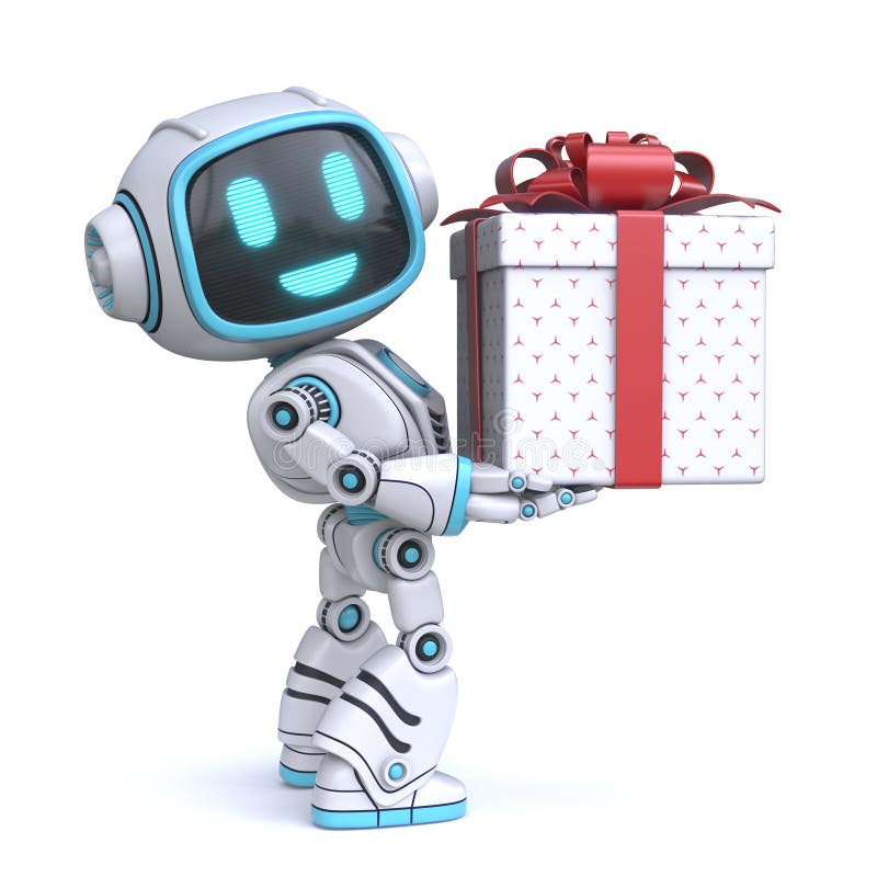Cute Blue Robot Holding Gift Box 3D Stock Illustration - Illustration ...