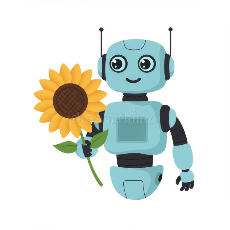 Cute Blue Robot Holding a Sunflower Stock Illustration - Illustration ...