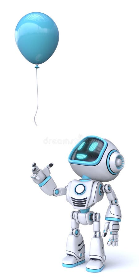 Cute Blue Robot Look at Flying Balloon 3D Stock Illustration ...