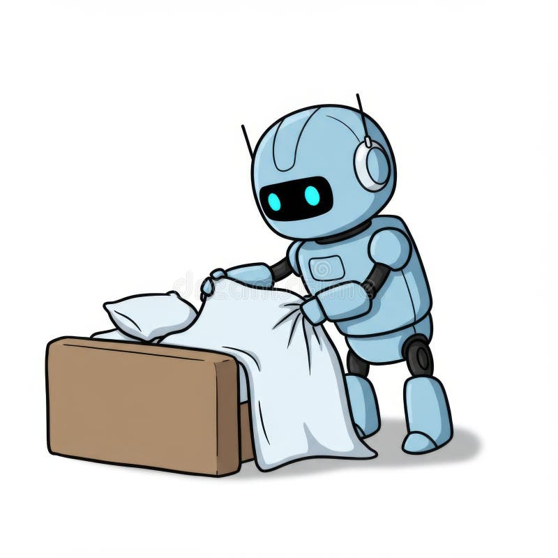 Cute Blue Robot Making Bed Cartoon Illustration Stock Illustration ...