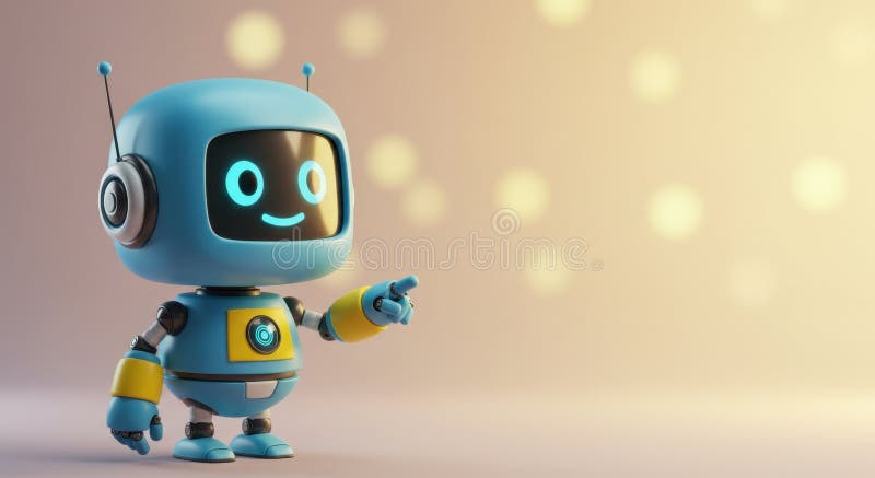 Cute Blue Robot Pointing in Warm Light Background Stock Illustration ...