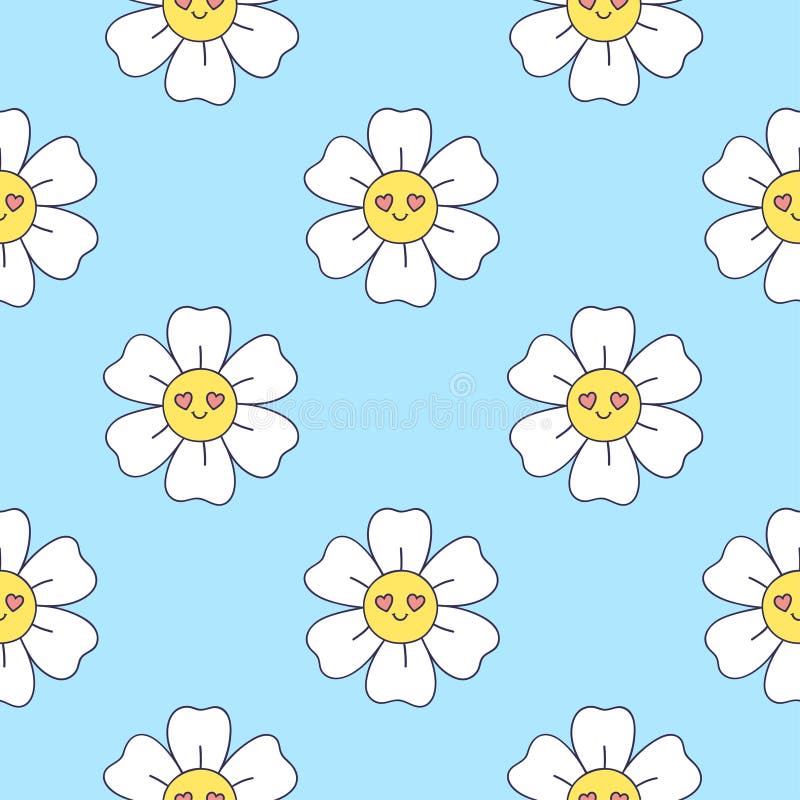 Cute Blue Seamless Pattern with Smiling Flowers. Vector Graphics Stock ...