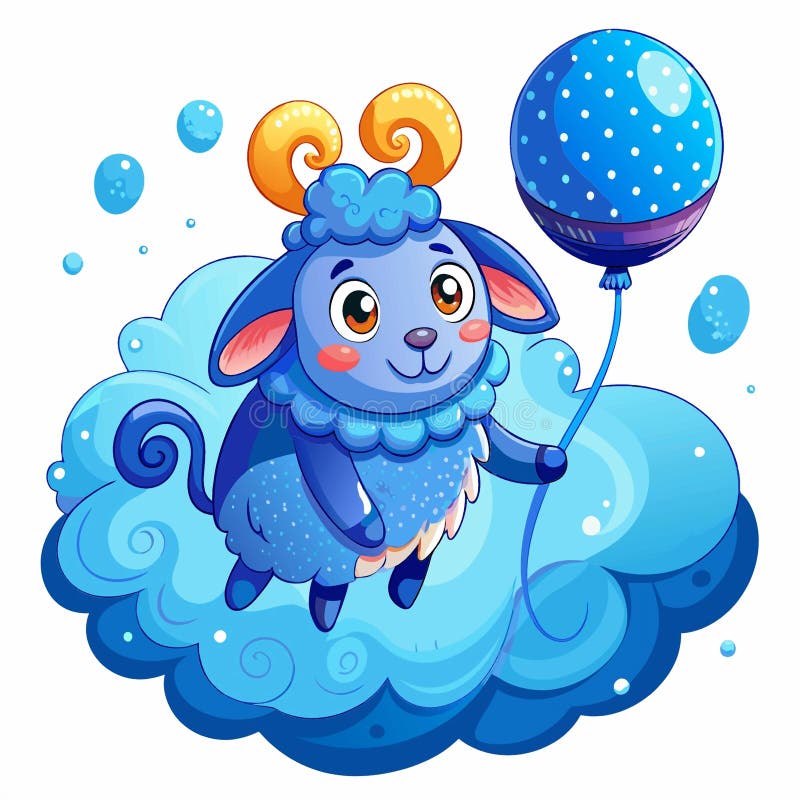 Cute Blue Sheep Holding a Balloon on a Cloud Stock Illustration ...