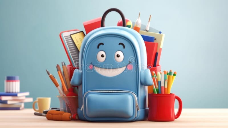 Cute Blue Smiling Backpack with School Supplies on Blue Background ...