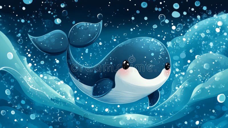 Cute Blue Whale Swimming in Dark Blue Ocean Stock Illustration ...