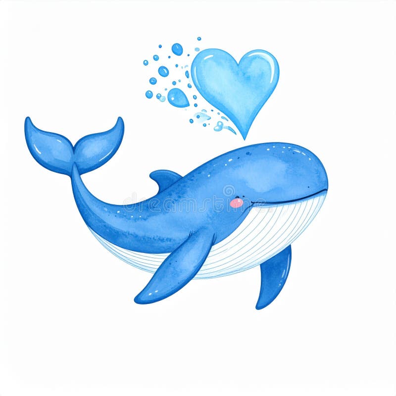 Cute Blue Whale with Watercolor Heart Illustration Stock Illustration ...
