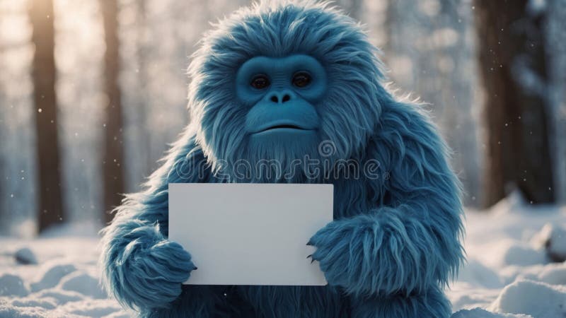 Cute Blue Yeti Holding a White Blank Sign. Stock Illustration ...