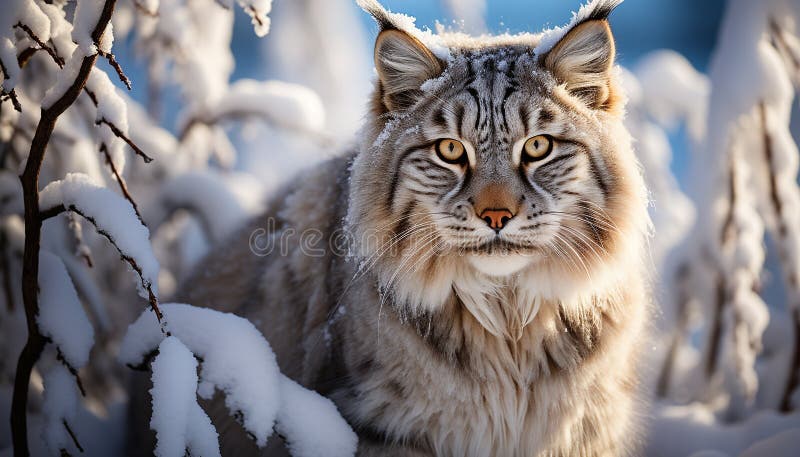 Cute Bobcat Looking at Camera in Snowy Forest Generated by AI Stock ...