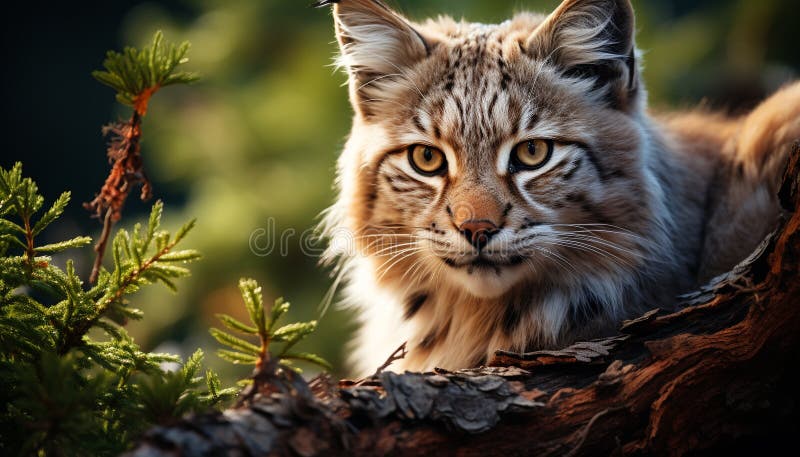 Cute Bobcat Sitting on Branch, Staring at Camera Generated by AI Stock ...