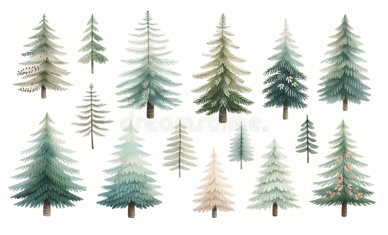 Cute Boho Collection, Pine Trees on White Background Stock Illustration ...
