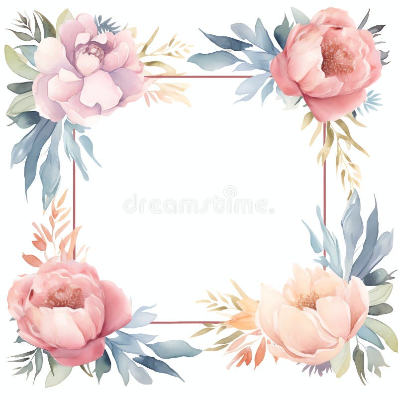 Cute Boho Peony Border Floral Frame Watercolor Stock Illustration ...