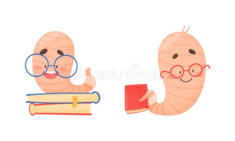 Cute Book Worm Character in Glasses with Book in Hard Cover Vector Set ...