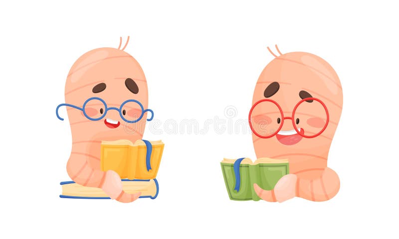 Cute Book Worm Character in Glasses with Book in Hard Cover Vector Set ...