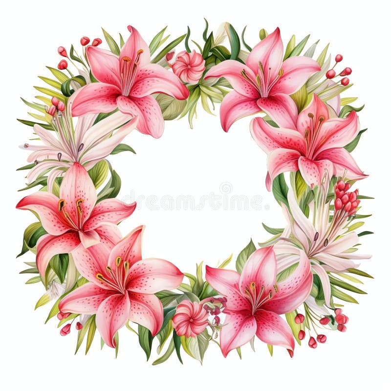 Cute Botanical Lily Wreath Floral Frame Watercolor Stock Illustration ...