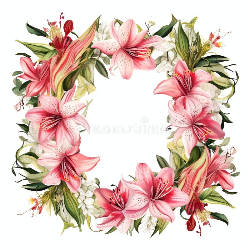 Cute Botanical Lily Wreath Floral Frame Watercolor Stock Illustration ...