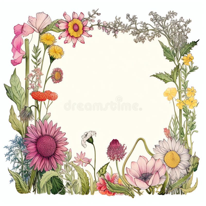 Cute Botanical Whimsy Floral Frame Watercolor Stock Illustration ...