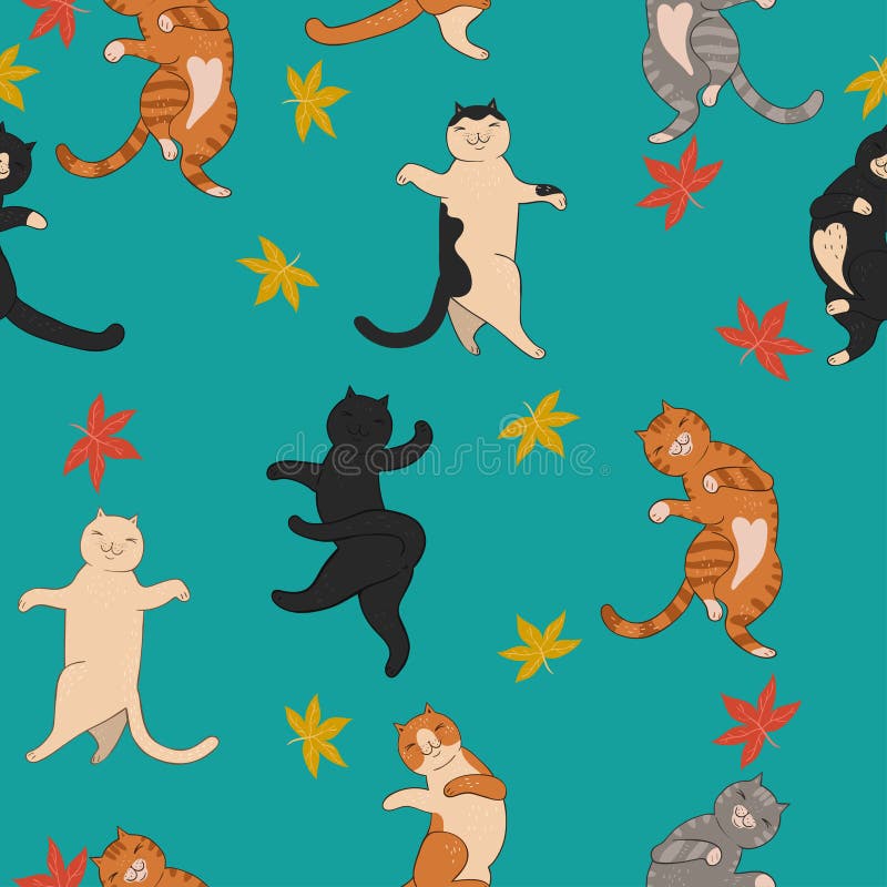 Cute Bouncing Cats and Fall Foliage. Seamless Pattern Stock ...