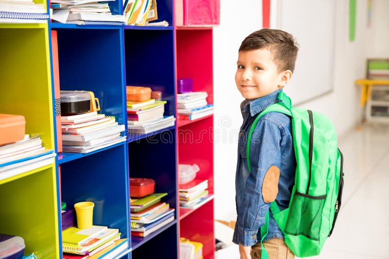 Cute Boy with a Backpack at School Stock Image - Image of kindergarten ...