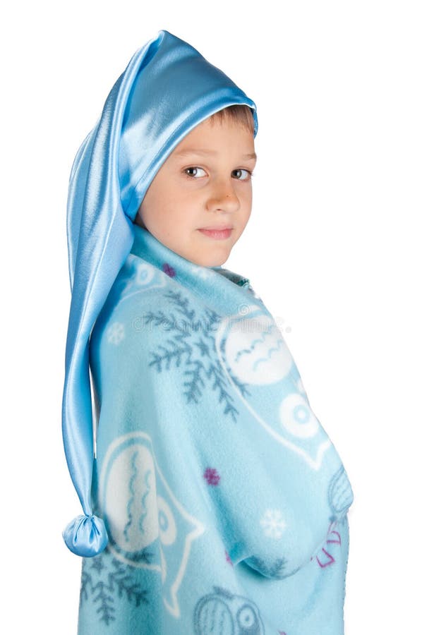 Cute Boy in Sleeping Hat with Clock Isolated on White Stock Image ...