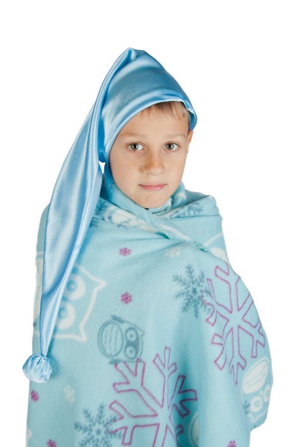 Cute Boy in Blue Sleeping Hat Isolated on White Stock Image - Image of ...