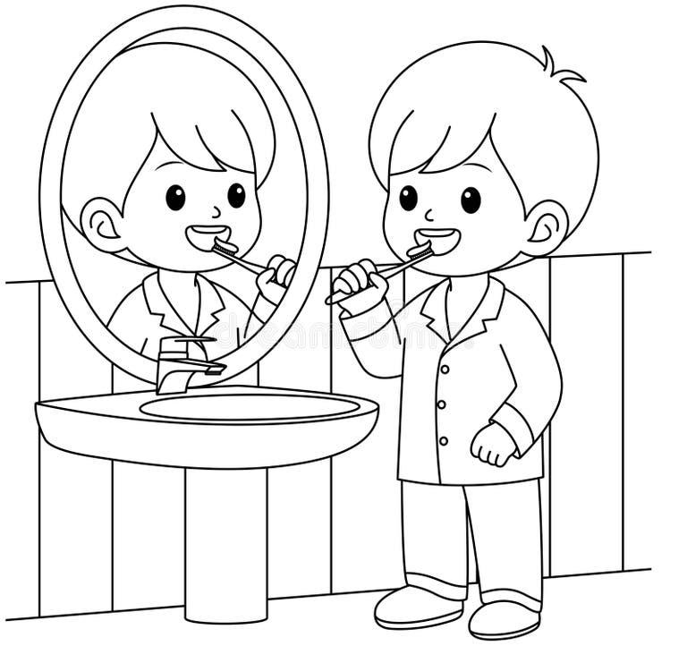 Cute Boy Brushing Teeth Outline Coloring Page Stock Vector ...