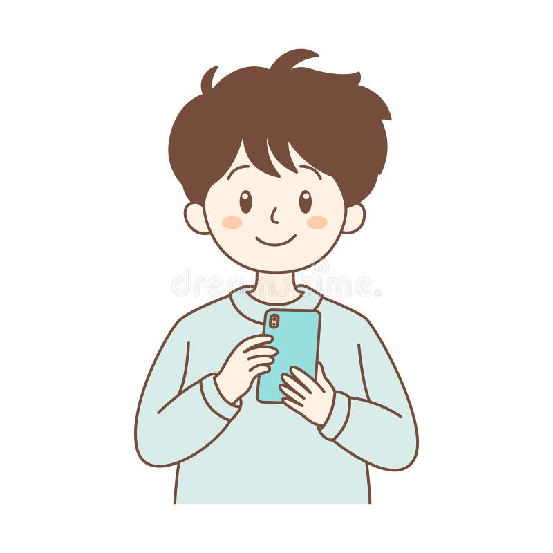 Cute Boy Cartoon Character Playing Gadget with Smile Expression Stock ...