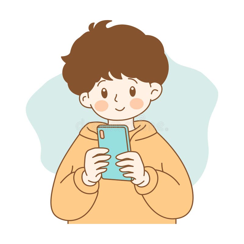 Cute Boy Cartoon Character Playing Gadget with Smile Expression Stock ...