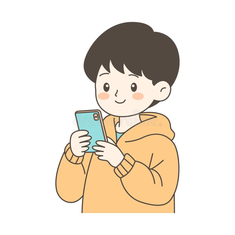 Cute Boy Cartoon Character Playing Gadget with Smile Expression Stock ...