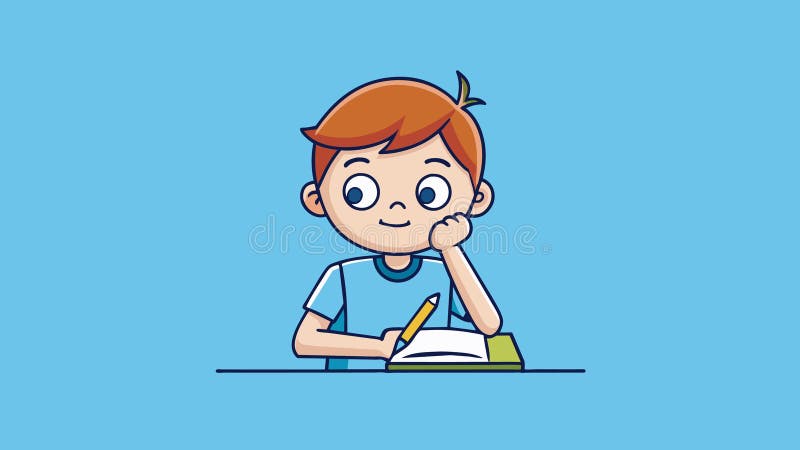 Cute Boy Thinking while Working on His School Project Stock Vector ...